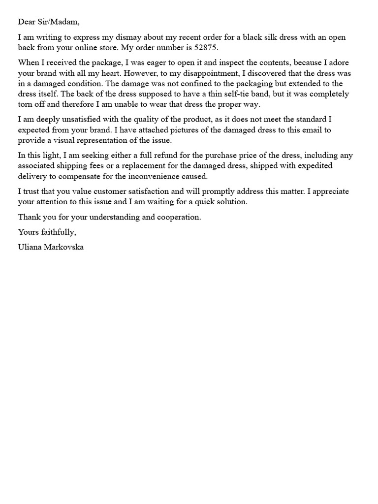 Damaged Dress Order Complaint Letter | PDF | Cooking, Food & Wine ...