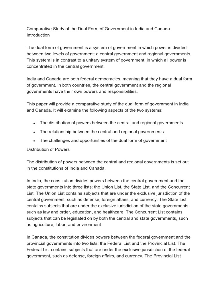 Comparative Study of The Dual Form of Government in India and Canada ...