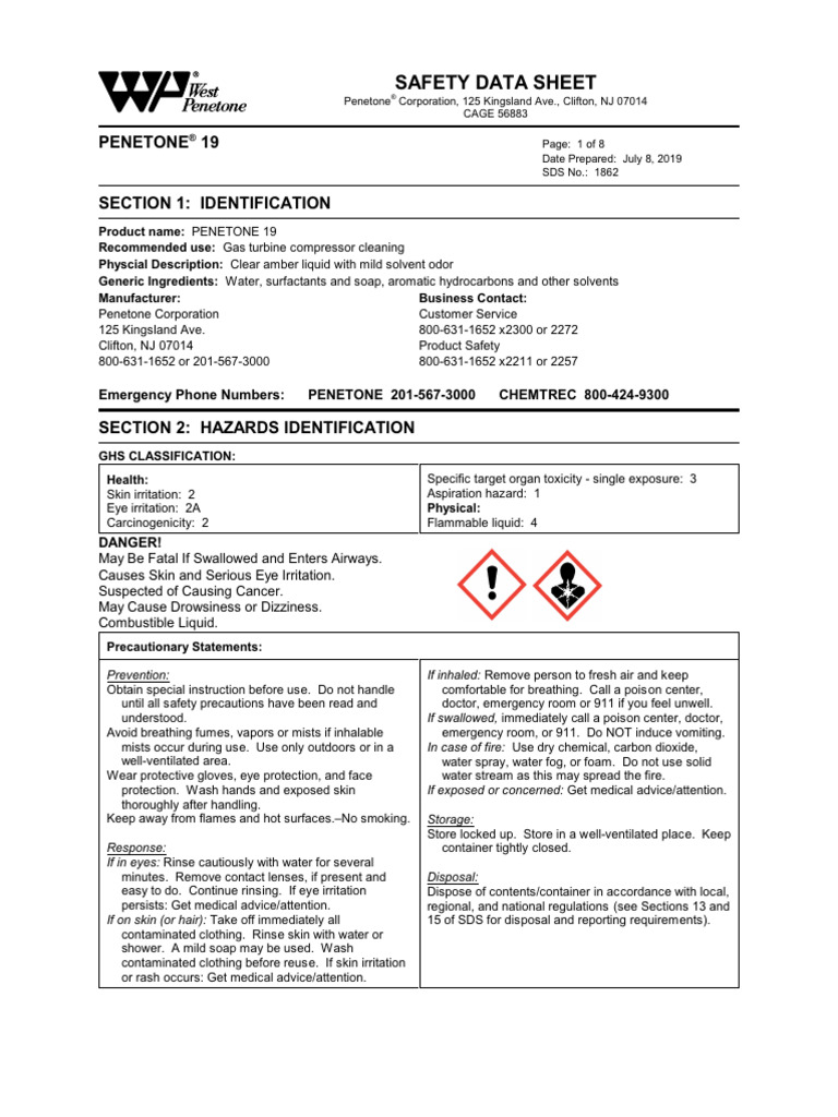 Penetone 19 SDS | PDF | Firefighting | Toxicity