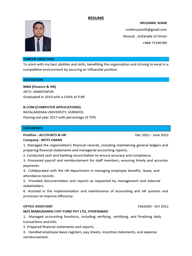 Muzamil Shaik MBA Resume | PDF | Accounting | Business