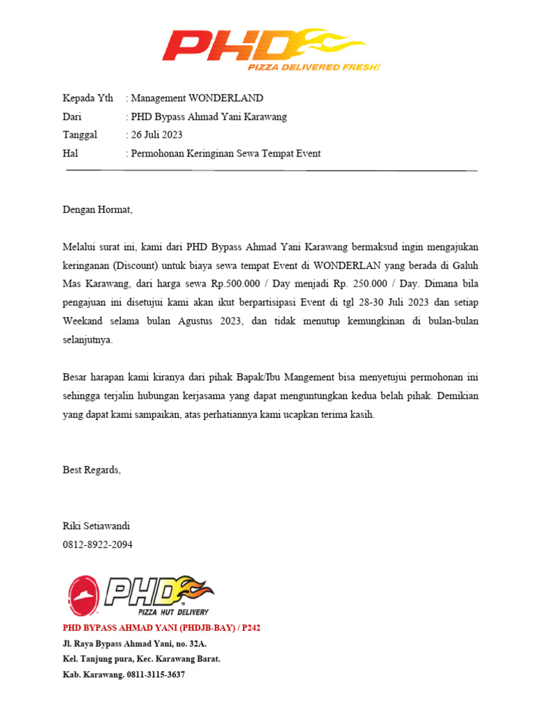 Surat Permohonan Discount Sewa Tempat | PDF