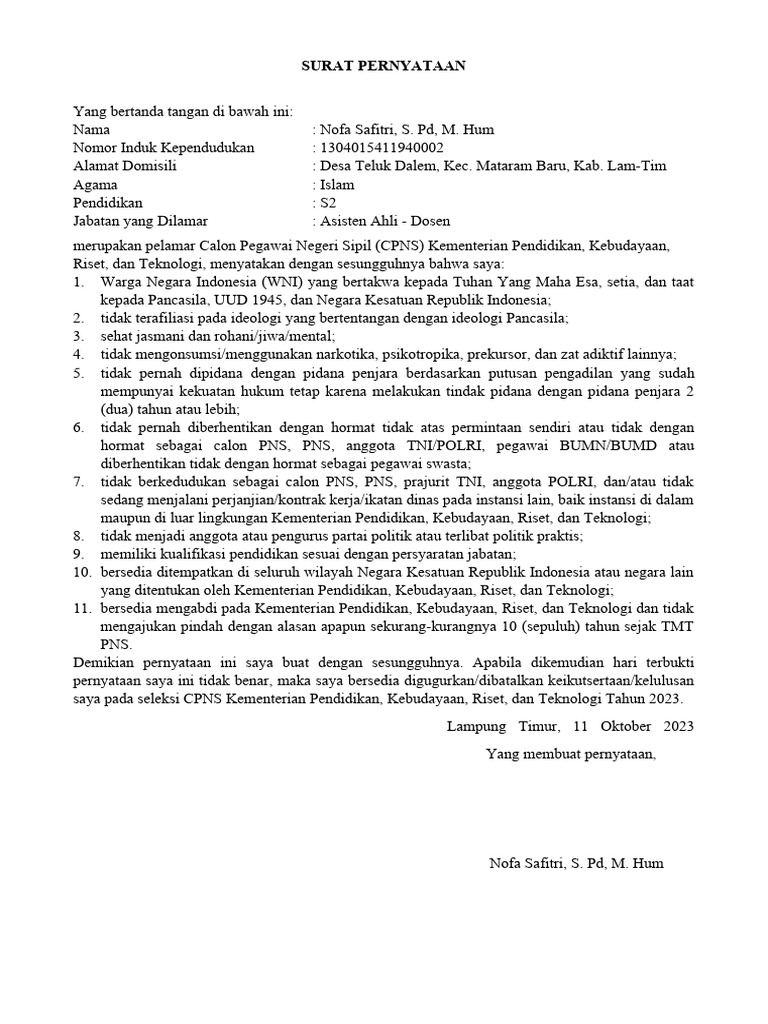 Lampiran III Format Dan Contoh Surat Pernyataan | PDF