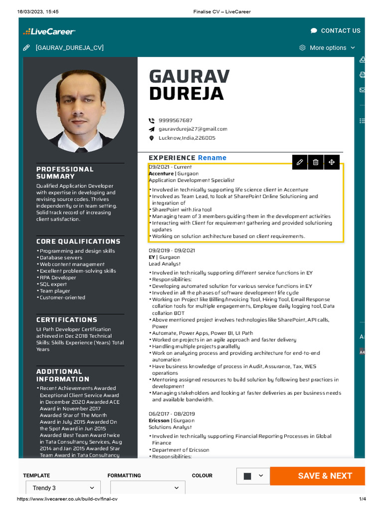 Finalise CV - LiveCareer | PDF