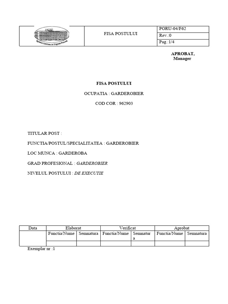 Fisa Post Garderobier | PDF