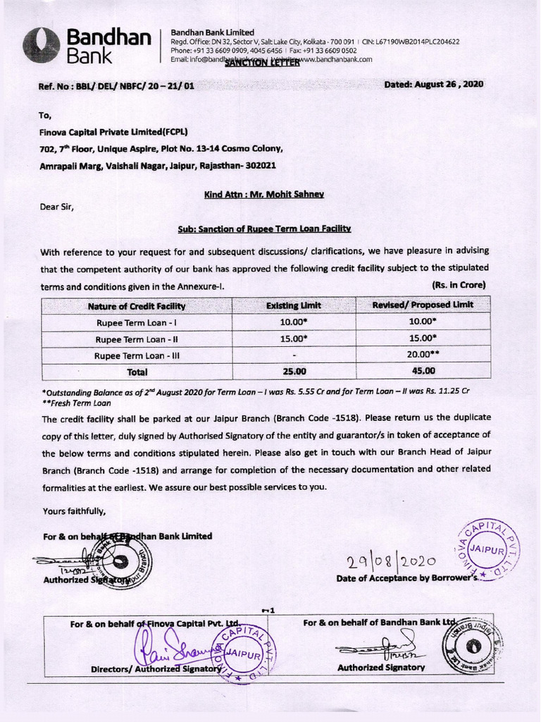 Bandhan Bank Sanction Letter Aug 20 | PDF