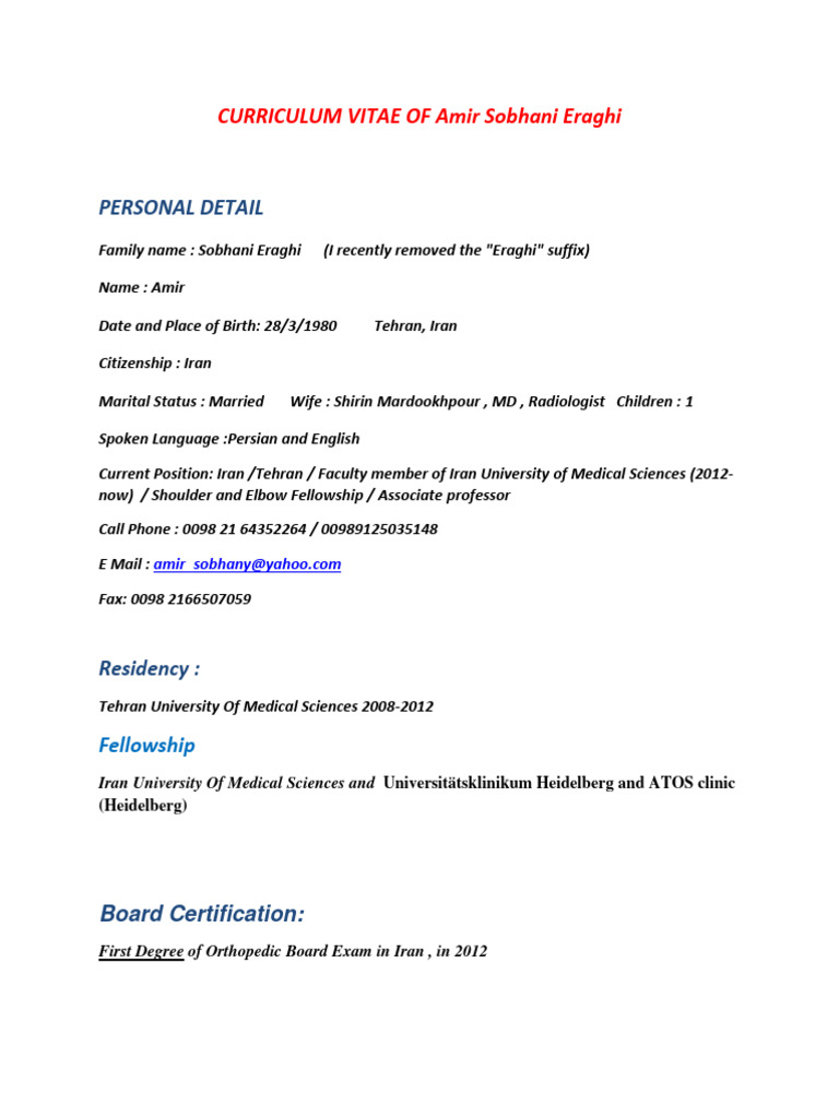 Amir Sobhani's Orthopedic CV | PDF