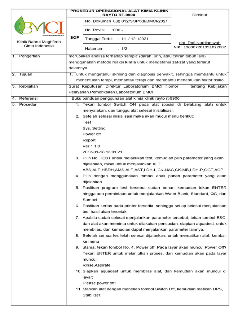 SOP Pemeriksaan Kimia Klinik | PDF