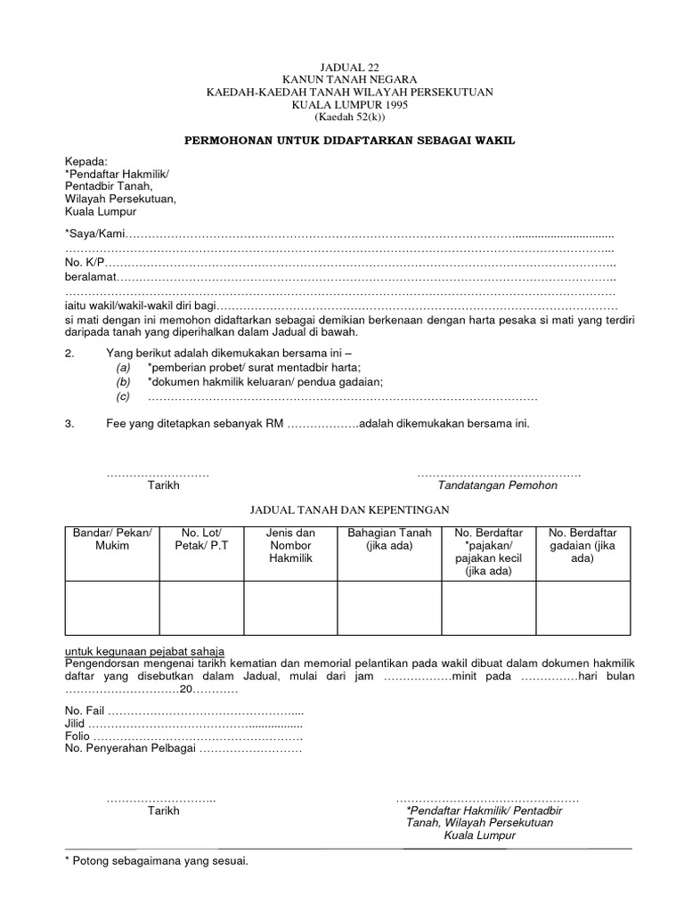 JADUAL 22 KTN - Permohonan Untuk Didaftarkan Sebagai Wakil | PDF