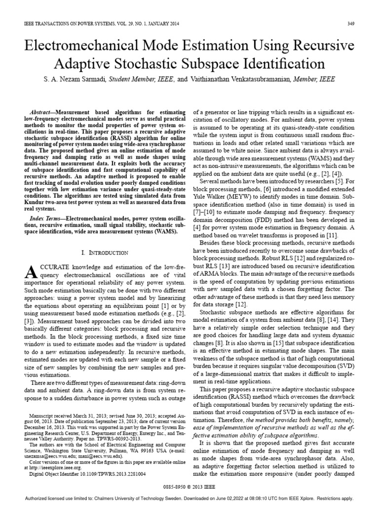 Electromechanical Mode Estimation Using Recursive Adaptive Stochastic ... Electromechanical Mode Estimation Using Recursive Adaptive Stochastic ...