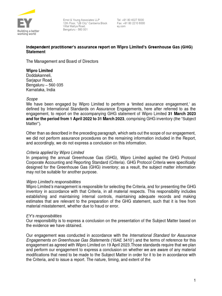 Wipro Limited GHG Assurance Report 2023 | PDF
