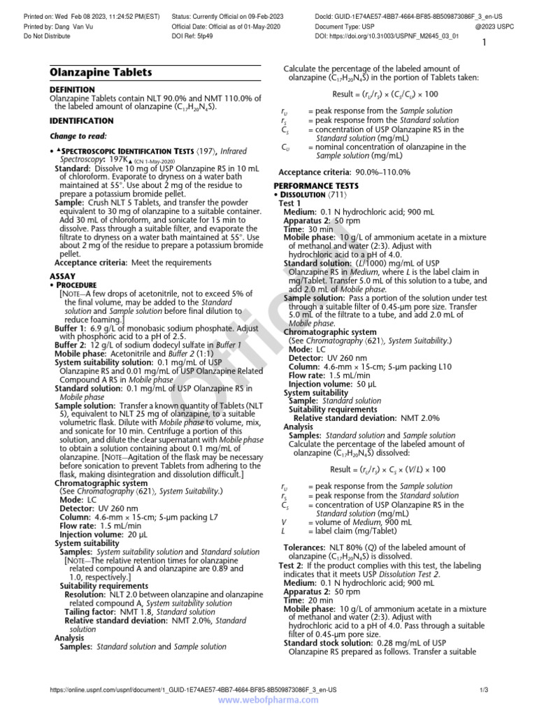 Olanzapine Tablets Monograph | PDF