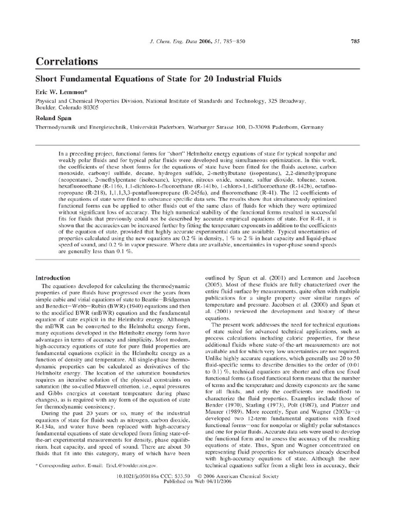 Short Fundamental Equations of State For 20 Industrial Fluids, Eric W ...