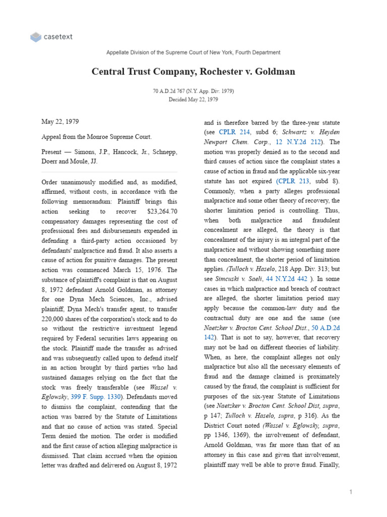 Central Trust Company, Rochester v. Goldman | PDF | Cause Of Action ...