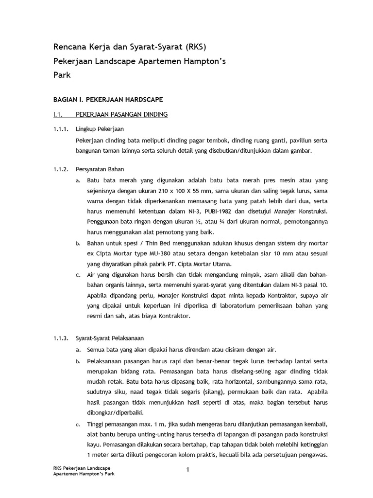 Rencana Kerja Dan Syarat-Syarat (RKS) Pekerjaan Landscape Apartemen Hampton S Park | PDF ...