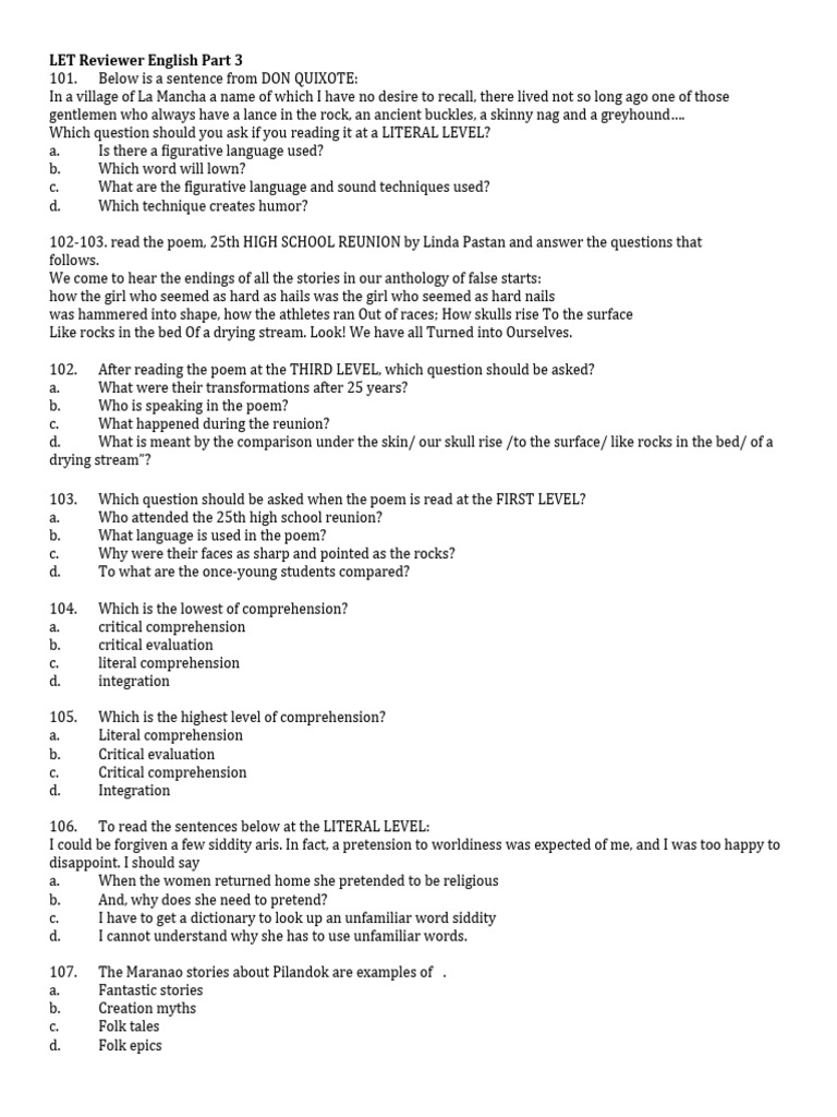 LET Reviewer: English Comprehension Questions | PDF
