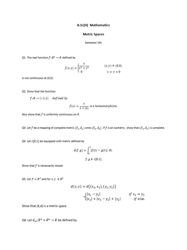 CBCS Sem V - Metric Spaces Question Bank B For Sem 5 Uploaded by Navdeep Raghav (KMV Academic ...