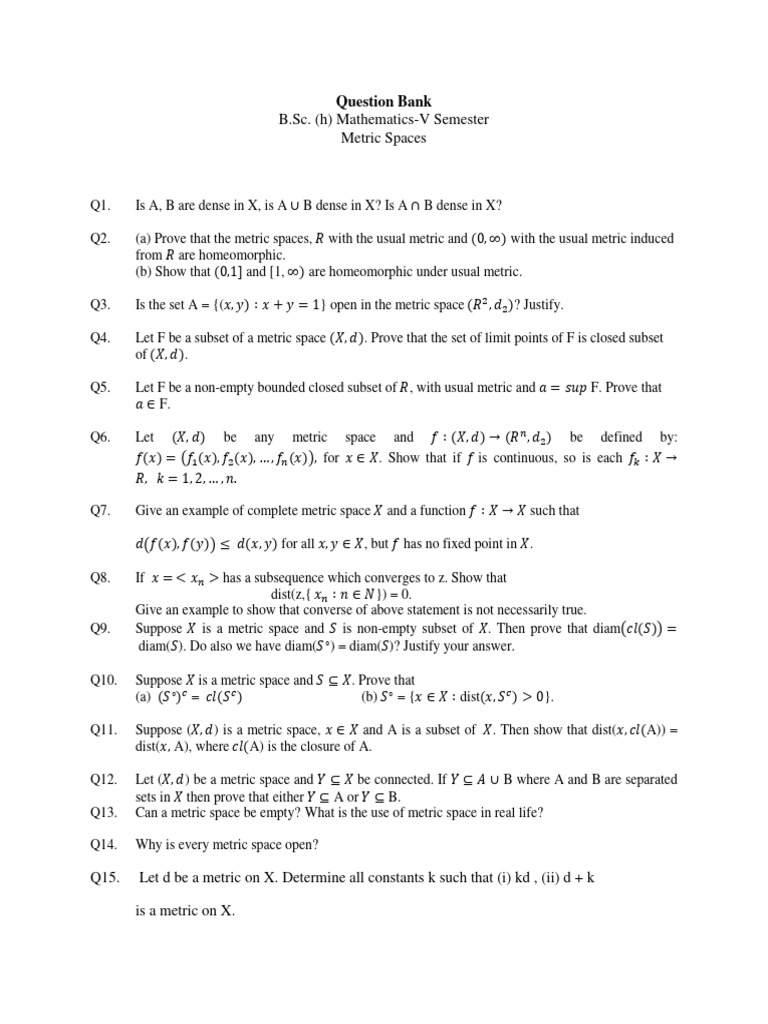 CBCS Sem V - Metric Spaces Question Bank A For Sem 5 Uploaded by ... CBCS Sem V - Metric Spaces Question Bank A For Sem 5 Uploaded by ...