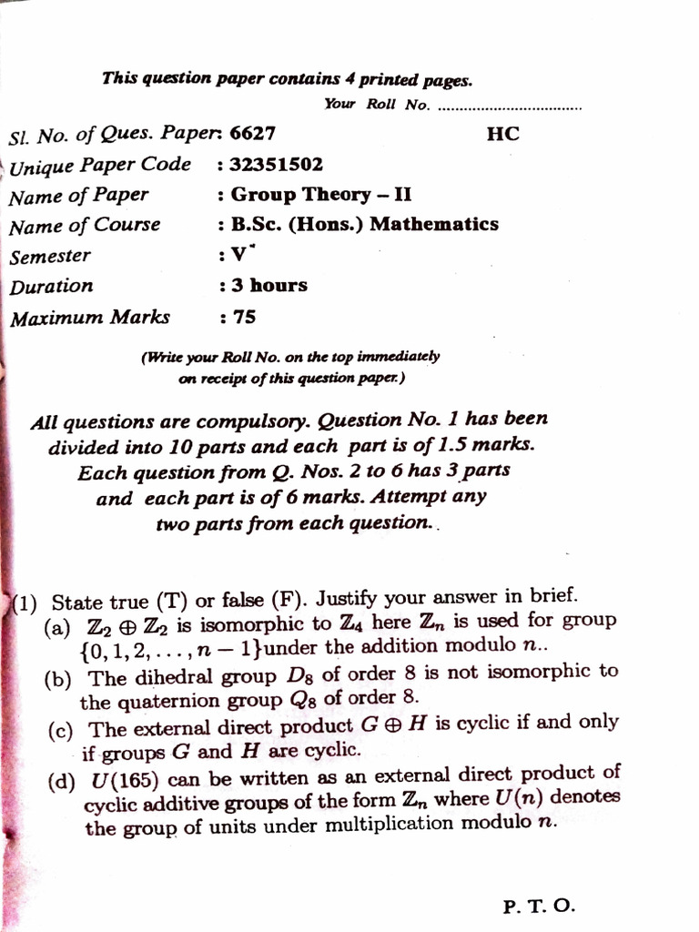 Core Paper II - Group Theory II PYQ Paper For Sem 5 Uploaded by Navdeep Raghav (KMV Academic ...