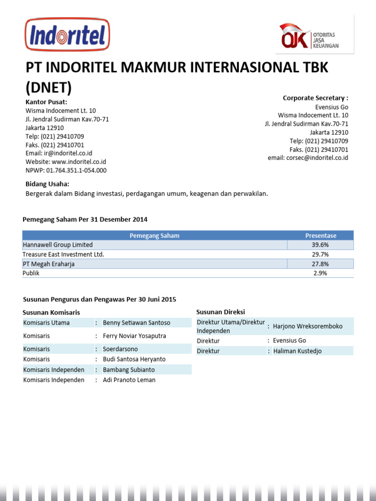 PT Indoritel Makmur Internasional TBK, PT (DNET) | PDF
