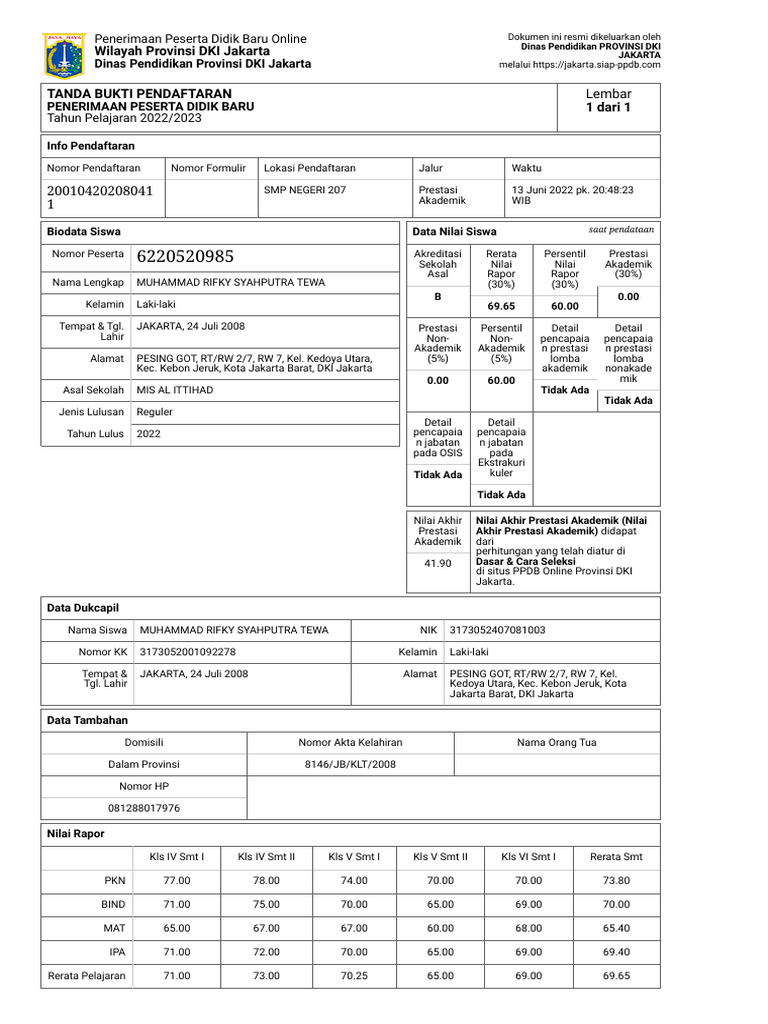 Tanda Bukti Pendaftaran - 6220520985 - Muhammad Rifky Syahputra Tewa | PDF