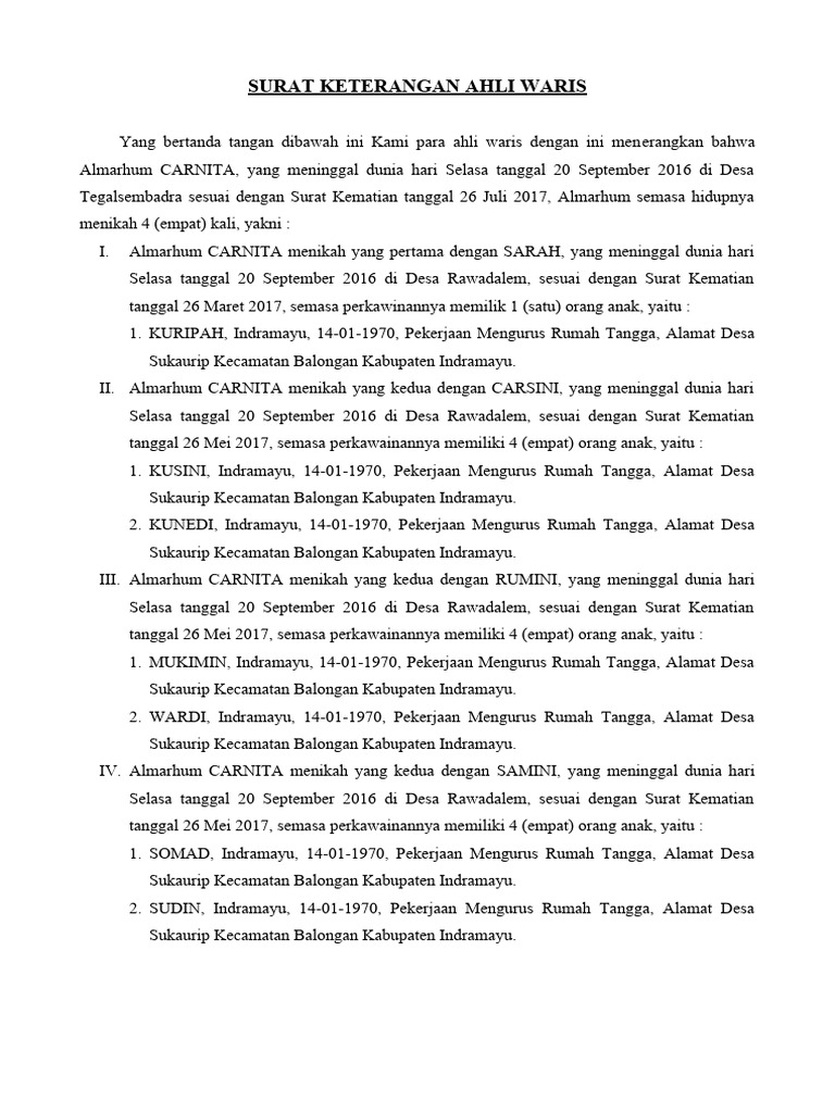 Surat Keterangan Ahli Waris Carnita | PDF