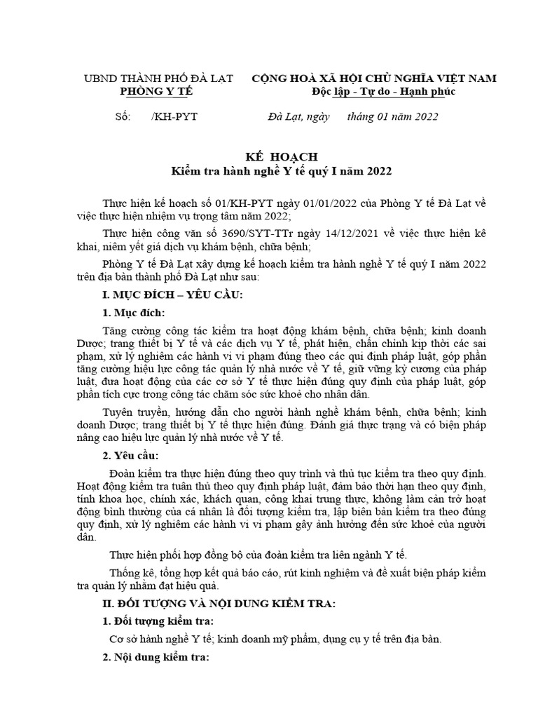 KH Kiem Tra Y - Duoc Quy I.2022 | PDF