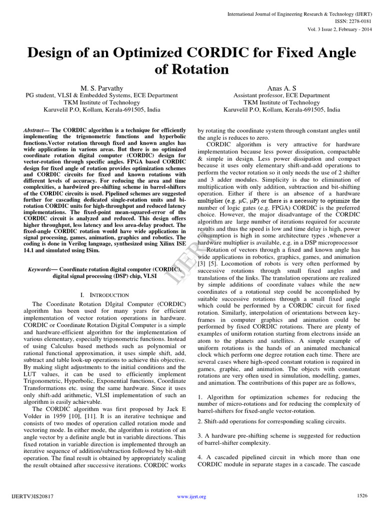 Design Of An Optimized Cordic For Fixed Angle Of Rotation Ijertv3is20817 Pdf Mathematics