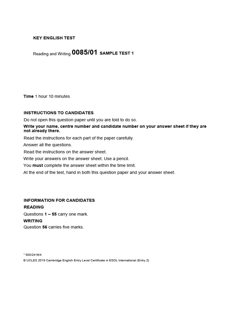 Cambridge-English-Key-Sample-Paper-1-Reading-And-Writing v2 | PDF