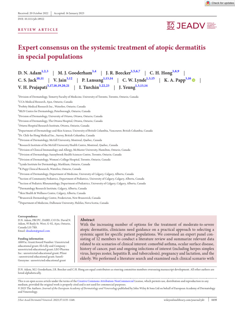 Acad Dermatol Venereol - 2023 - Adam - Expert Consensus On The Systemic Treatment of Atopic ...