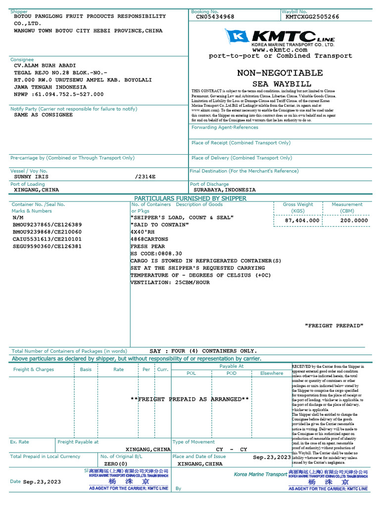 KMTC Sea Waybill for Fresh Pears | PDF | Bill Of Lading | Common Carrier