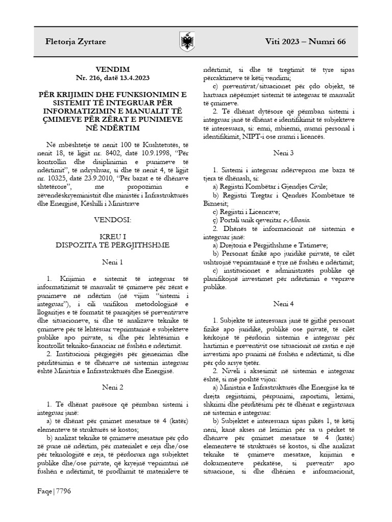 Vendim nr.216 DT 13.04.2023 Sistemi I Itegruar I Manualit Te Cmimeve Ne ...