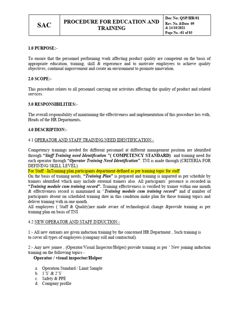 (QSP-HR-01) Education & Training Procedure New | PDF | Business ...