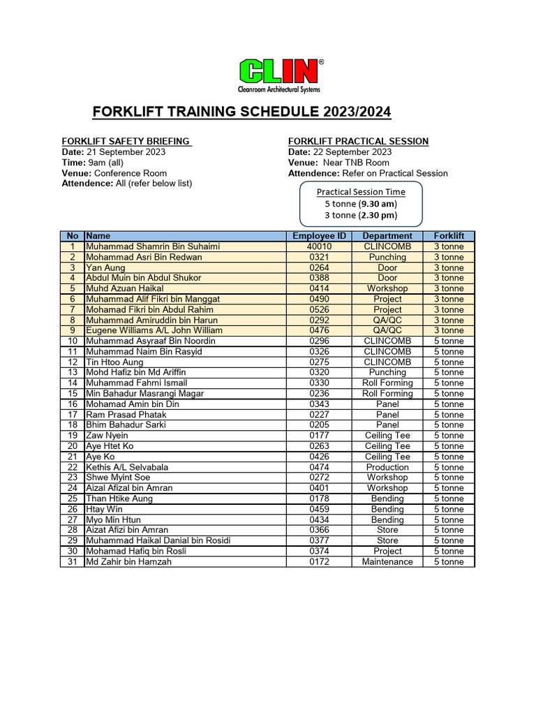 Forklift Practical Schedule 2023 - 2024 | PDF