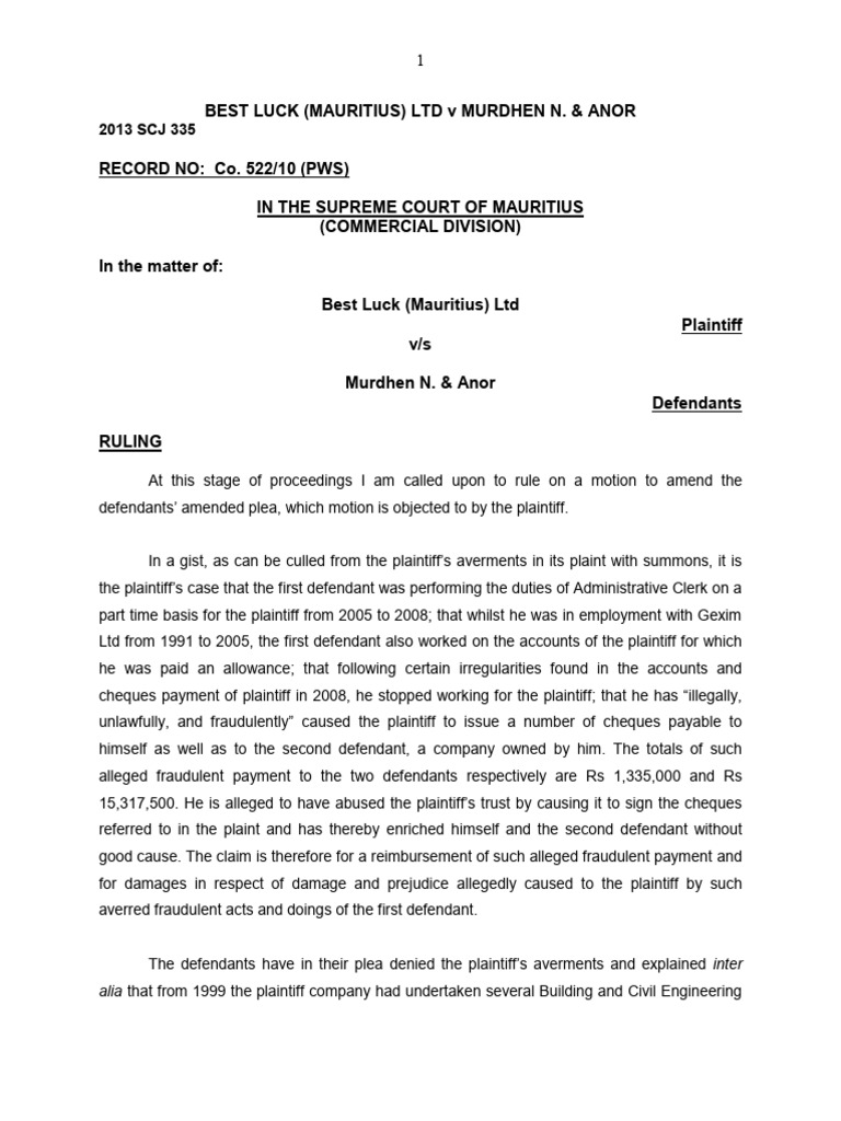 Best Luck Mauritius LTD V Murdhen N and Anor 2013 SCJ 33520160529045417985 - 4 | PDF | Finance ...