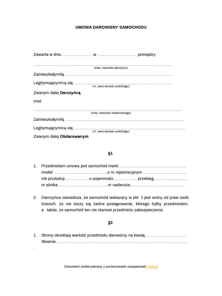 Umowa Darowizny Samochodu | PDF