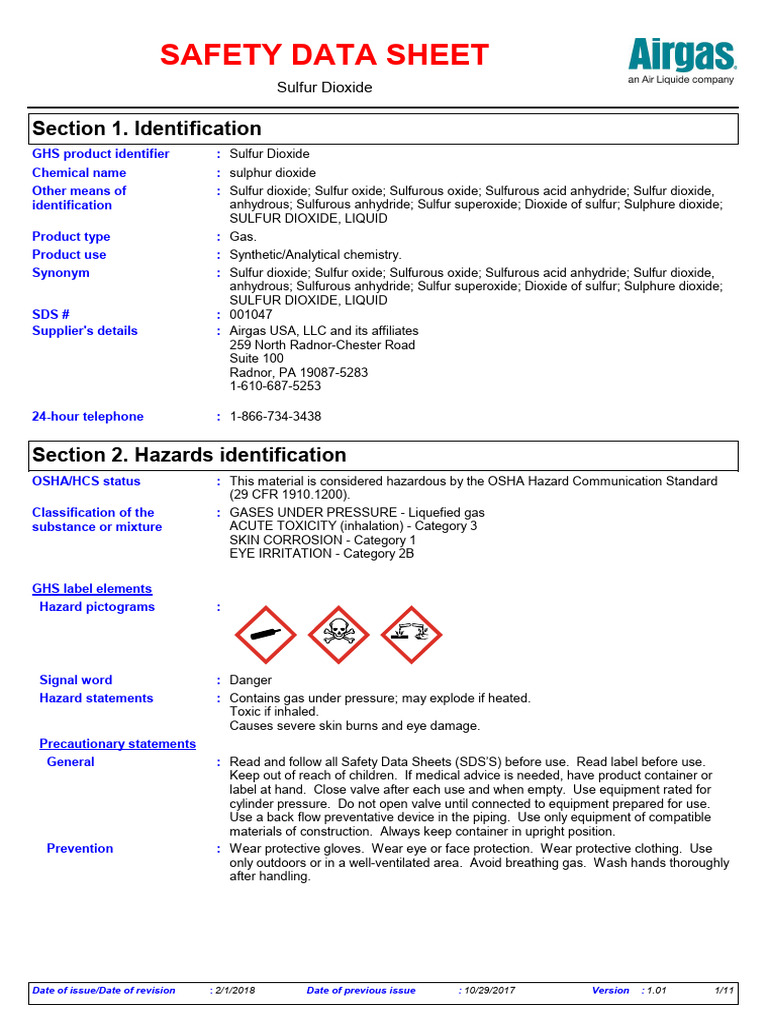 SDS So2 | PDF | Toxicity | Personal Protective Equipment