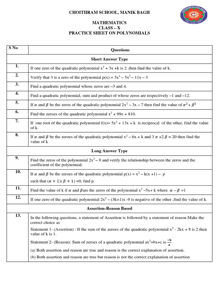 Practice Sheet On Polynomials X | PDF