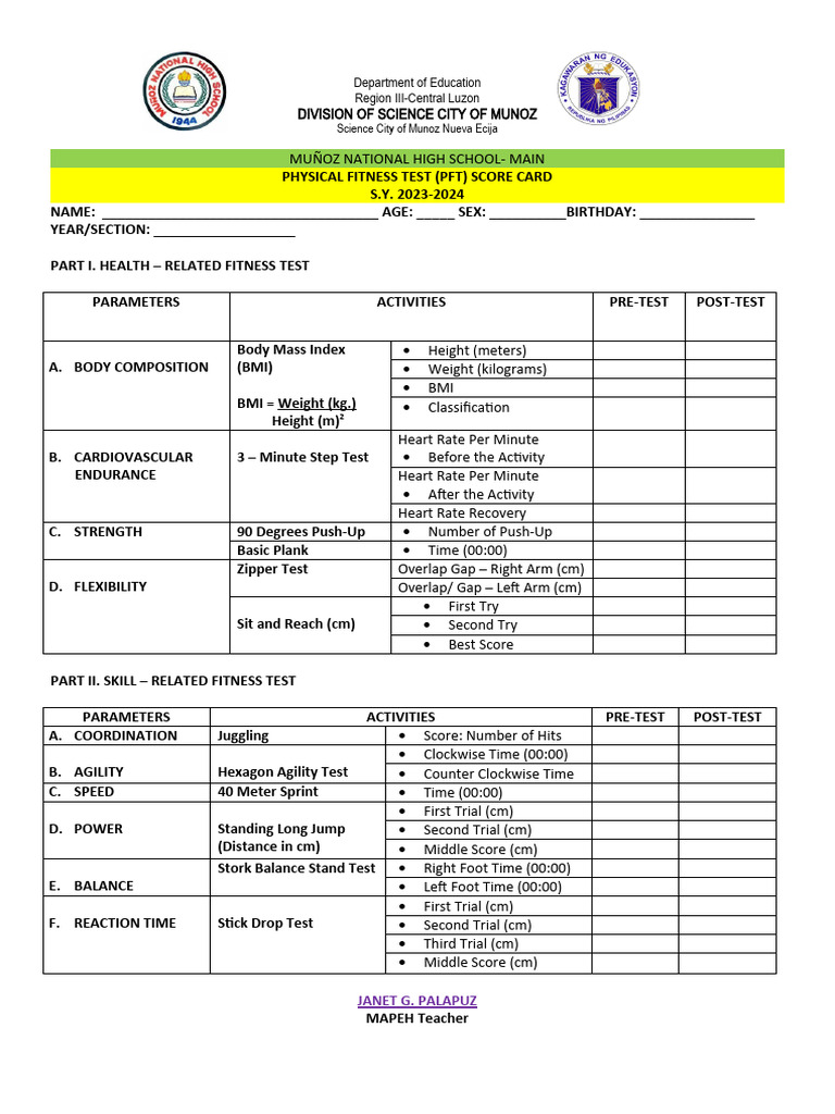 Fitness Test Score Card 2023 2024 | PDF