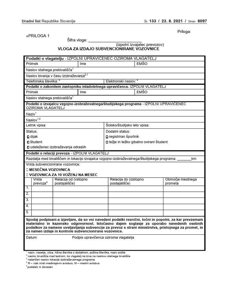 Vloga Z Navodili Za Izpolnjevanje | PDF