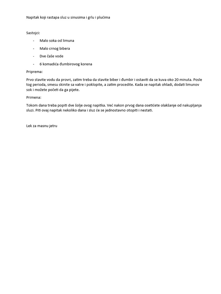 Napitak Koji Rastapa Sluz U Sinusima I Grlu I Plućima | PDF
