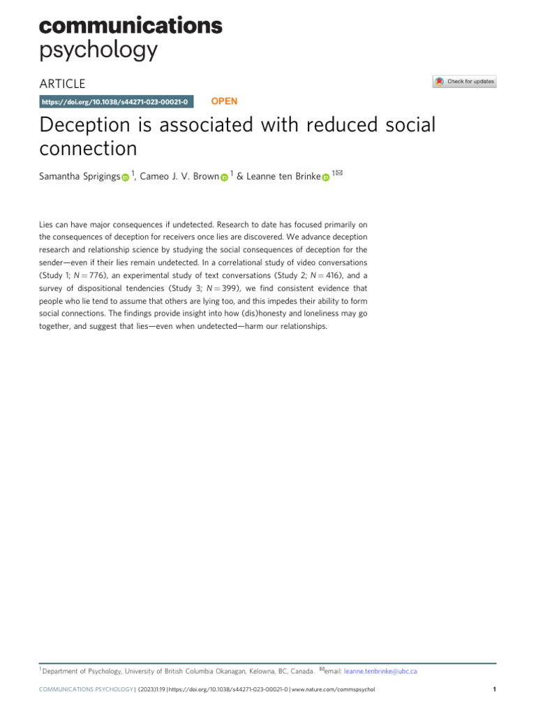 Deception Is Associated With Reduced Social Connection: Article | PDF | Deception | Lie