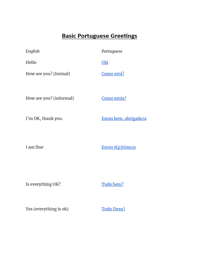 Basic Greetings Portuguese | PDF