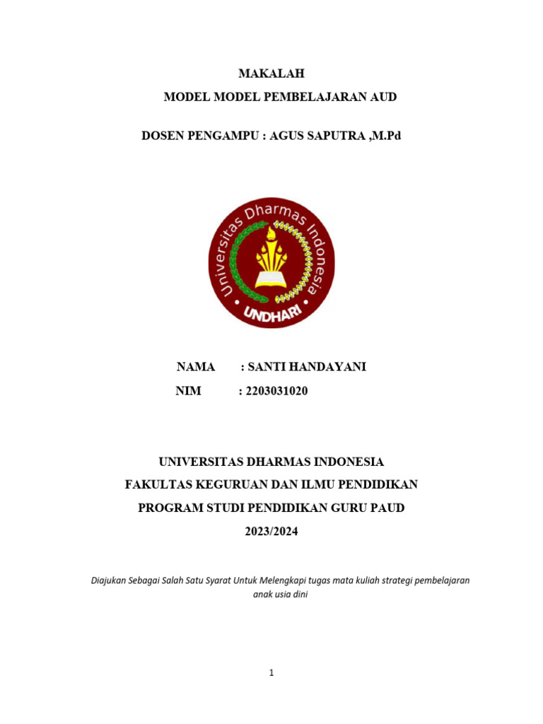 Santi Handayani Makalah Model Pembelajaran AUD | PDF