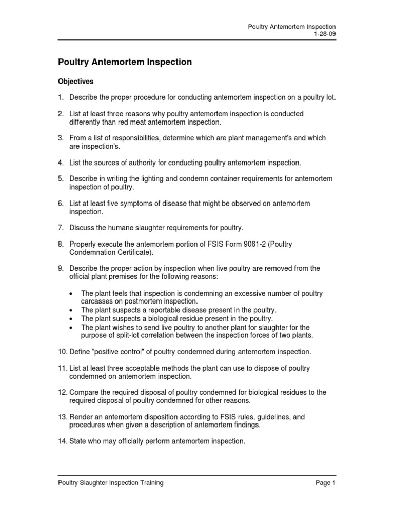 Guidelines and Procedures for Conducting Poultry Antemortem Inspection ...