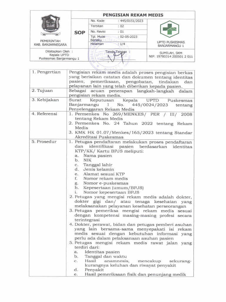 Sop Pengisian Rekam Medis | PDF