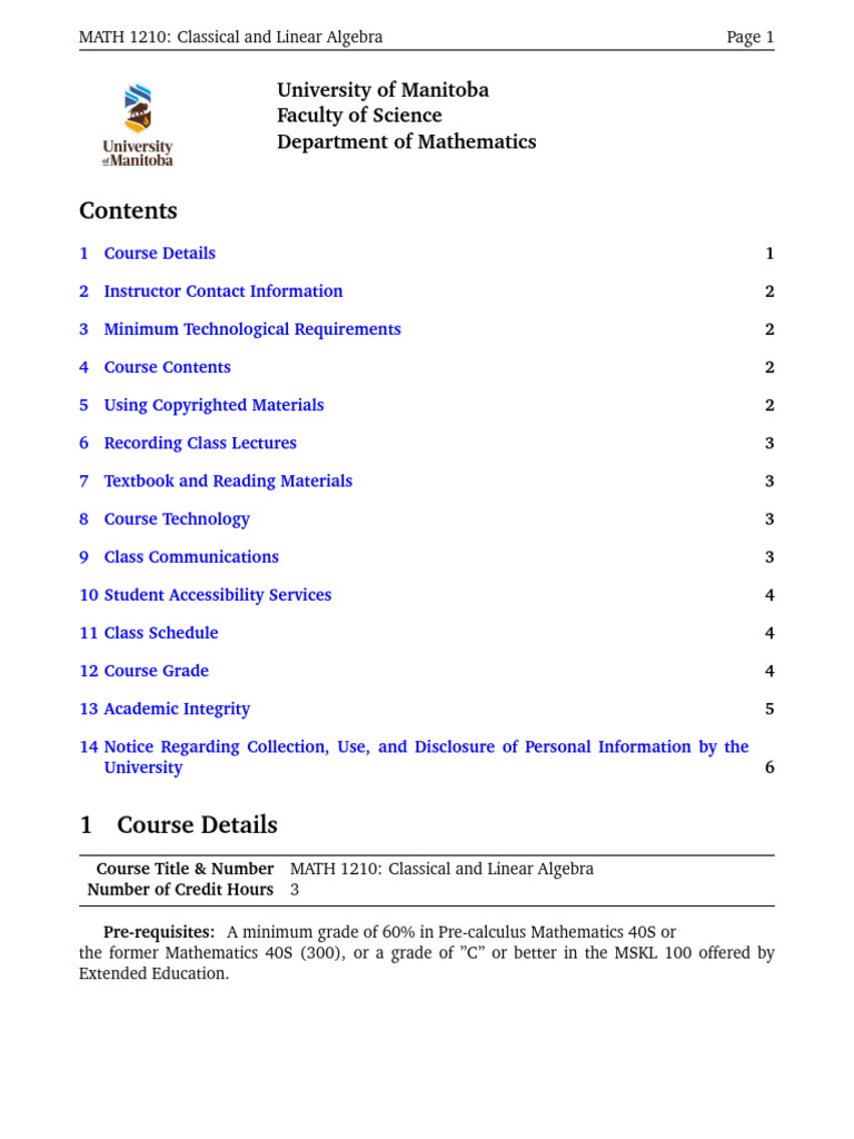 MATH1210 Course Outline - Fall2020 | PDF