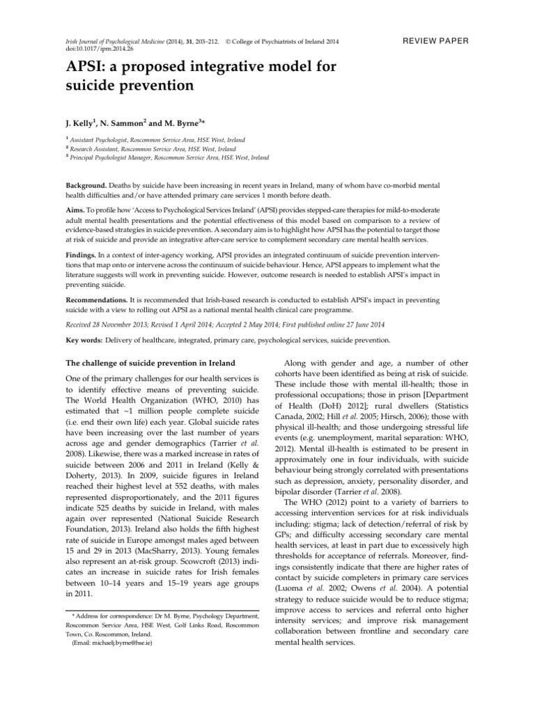 APSI A Proposed Integrative Model For Suicide Prevention | PDF | Self ...