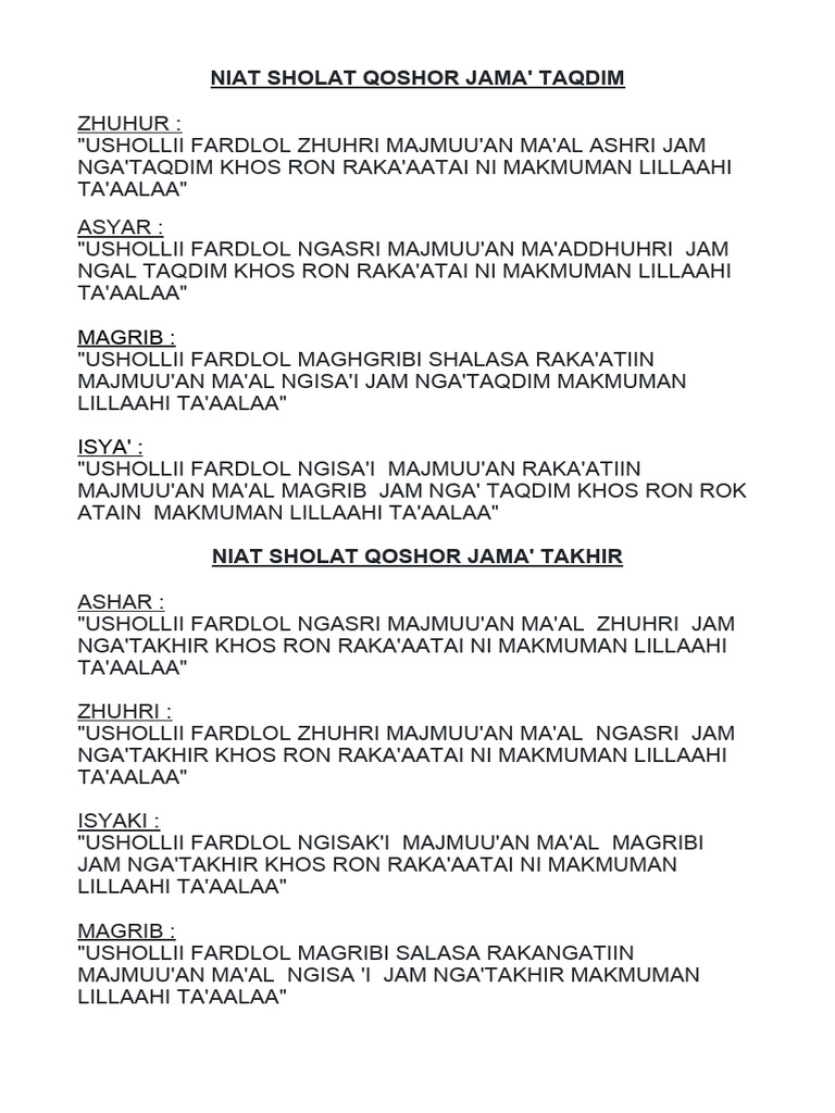 Niat Sholat Qoshor Jama | PDF