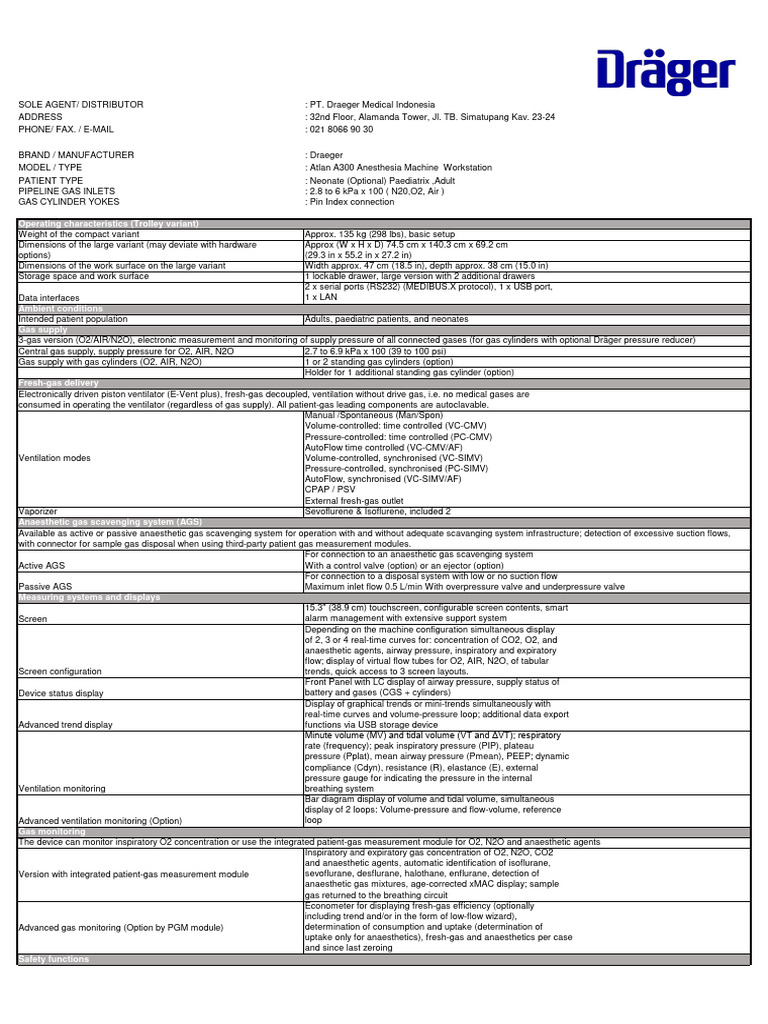 Specification Atlan A300 Anesthesia Workstation With BIS | PDF Specification Atlan A300 Anesthesia Workstation With BIS | PDF