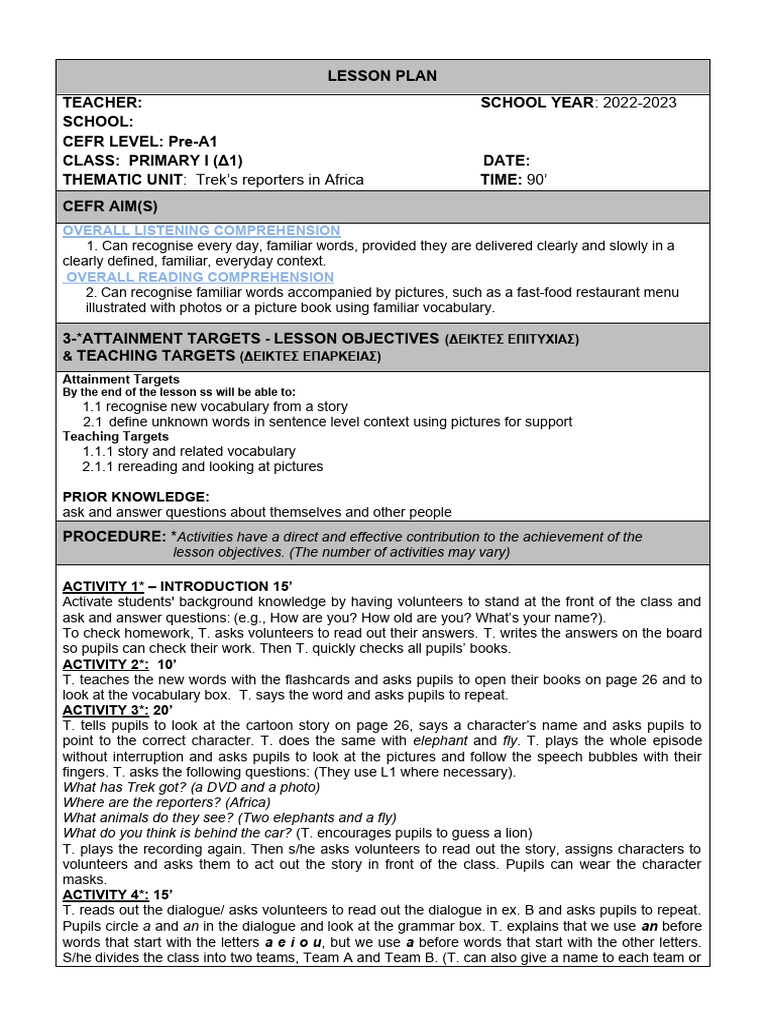 Primary English Lesson Plan | PDF | Career & Growth | Language Arts ...